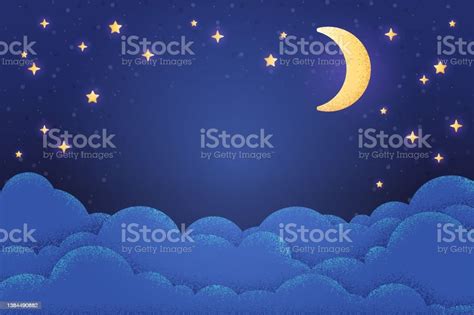 밤 하늘 배경 별과 구름달 풍경 질감이 있는 장면 달과 함께 하는 예술적 풍경 아기를위한 귀여운 어두운 파란색 화려한 벡터 디자인 하늘에 대한 스톡 벡터 아트 및 기타
