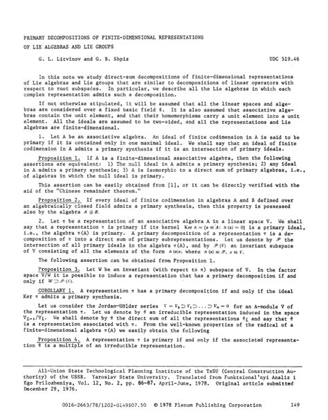 Pdf Primary Decompositions Of Finite Dimensional Representations Of Lie Algebras And Lie Groups