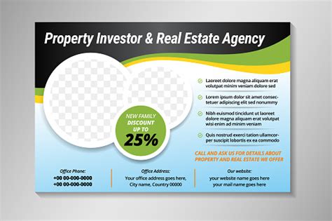 헤드 라인과 추상 포스터 배너 디자인 템플릿의 수평 레이아웃 모음은 파란색 흰색 그라데이션 배경에 사진 콜라주를위한 공간과 부동산 투자자 및 부동산 에이전시입니다 개선에