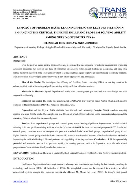 Pdf Efficacy Of Problem Based Learning Pbl Over Lecture Method In