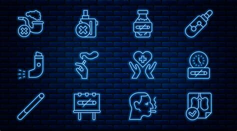 세트 라인 폐 엑스레이 진단 금연 시간 니코틴 껌 물집 팩 담배와 손 흡입기 흡연 파이프 연기 심장 십자가 및 전자 아이콘 벡터