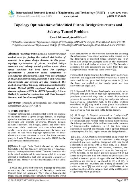 Pdf Irjet Topology Optimization Of Modified Piston Bridge Structures And Subway Tunnel Problem