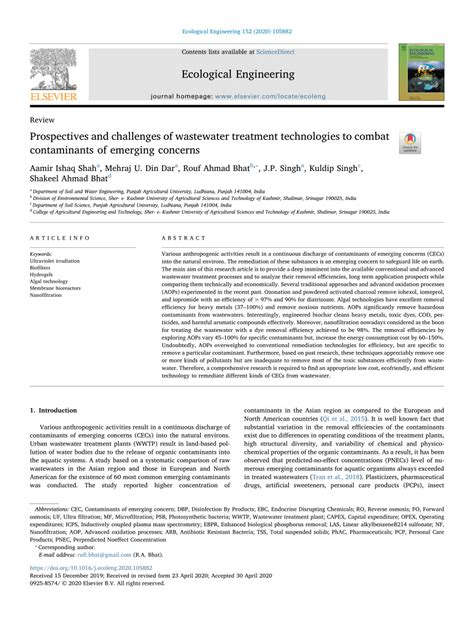 PDF Prospectives And Challenges Of Wastewater Treatment Technologies To Combat Contaminants Of