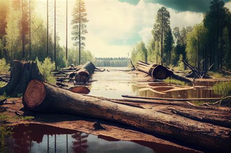 Flood In Forest District With Felled Trees And Tree Trunks Flood Consequences Stock Illustration