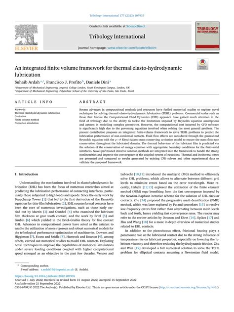 Pdf An Integrated Finite Volume Framework For Thermal Elasto Hydrodynamic Lubrication