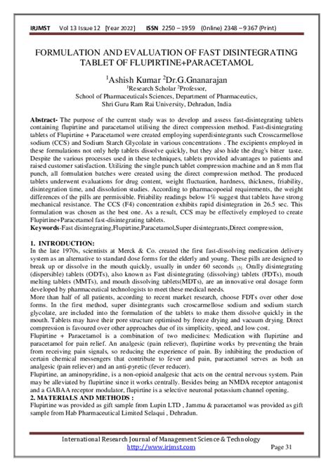 Pdf Formulation And Evaluation Of Fast Disintegrating Tablet Of Flupirtine Paracetamol 1