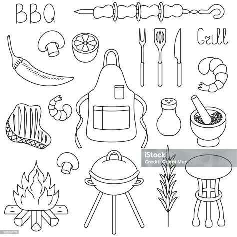 바베큐 세트 스케치 피크닉 벡터 일러스트 컬렉션 야외 레크리에이션을위한 것들 앞치마 화로 불 그릴 개체 그룹에 대한 스톡 벡터 아트 및 기타 이미지 Istock