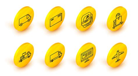 라인 평면 앱 배송 추적 기능이 있는 컴퓨터 모니터 배달 화물 트럭 차량 판지 상자 저울 피자 봉투 및 아이콘을 설정합니다 벡터 3차원 형태에 대한 스톡 벡터 아트 및 기타