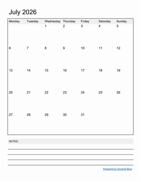July 2026 Monday Start Calendar Pdf Excel Word