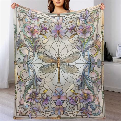 Glass Window Style Dragonflies And Butterflies Flannel Fleece Blanket