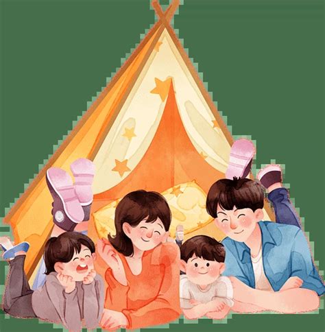 三孩时代主题手绘风格插画 野营的一家四口 花瓣网