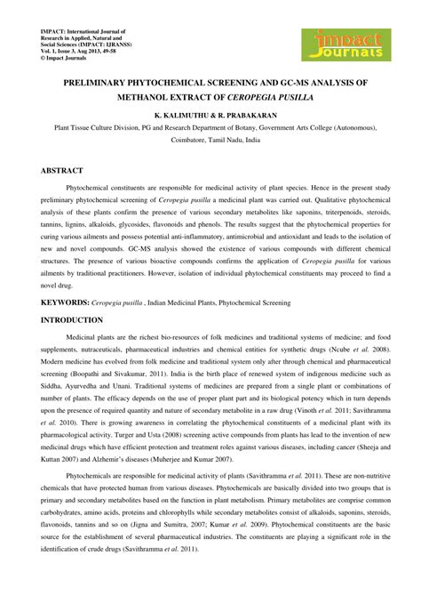 Pdf Preliminary Phytochemical Screening And Gc Ms Analysis Of Methanol Extract Of Ceropegia