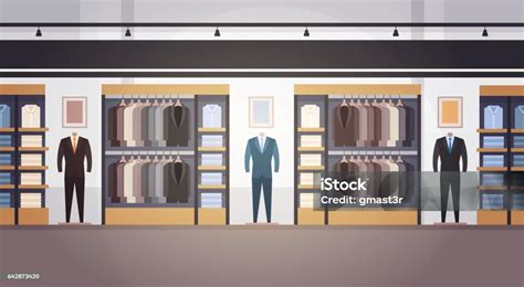 큰 패션 상점 슈퍼 마켓 남성 옷 쇼핑몰 인테리어 배너 복사 공간 0명에 대한 스톡 벡터 아트 및 기타 이미지 0명 매장 상품진열 벡터 Istock