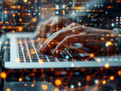 Premium Photo Closeup Of Hands Typing On A Laptop Keyboard With Glowing Digital Connections