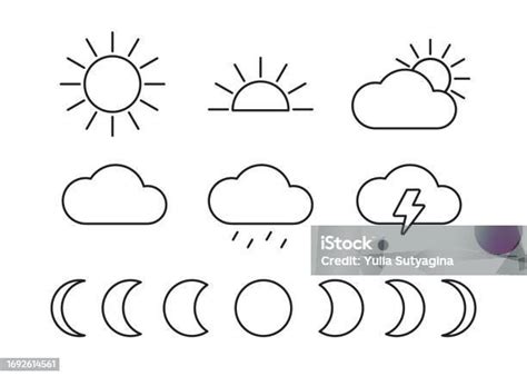 날씨 태양 구름 및 달 선 아이콘 세트입니다 환경 햇빛 천둥 구름 벡터 기호 0명에 대한 스톡 벡터 아트 및 기타 이미지 0