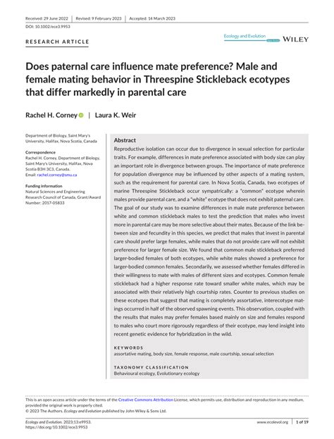 Pdf Does Paternal Care Influence Mate Preference Male And Female Mating Behavior In
