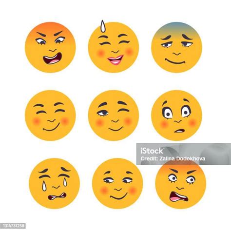 만화 이모티콘 세트 이모티콘 아이콘입니다 소셜 미디어 이모티콘 미소 감정을 표현하는 노란 얼굴 3차원 형태에 대한 스톡 벡터