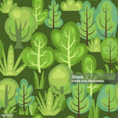 평평한 숲 매끄러운 패턴 심플한 상징적 스타일로 일러스트레이션 어둠 재미있는 녹색 풍경 만화 디자인 나무와 귀여운 장면 벡터 0명에 대한 스톡 벡터 아트 및 기타 이미지
