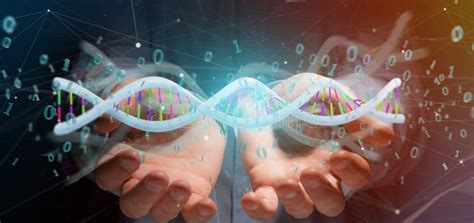 Businessman Holding A 3d Rendering Data Coded Dna With Binary File