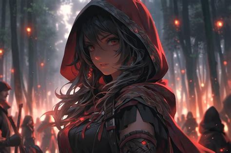 Premium Photo Fantasy Female Red Rogue With Hood Anime Style Illustration