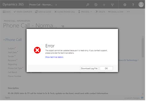 Dynamics Crm Error The Object Cannot Be Updated Because It Is Read