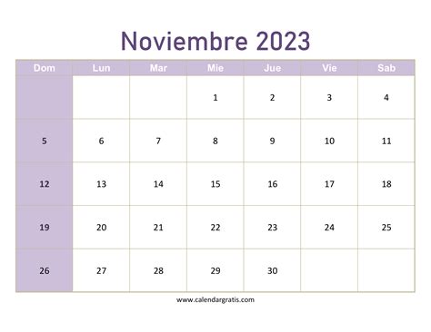 Calendario Noviembre 2023 Para Imprimir Gratis