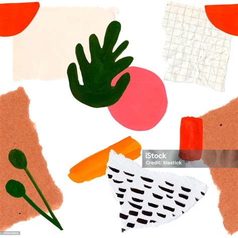 구 아 슈와 종이 콜라주 완벽 한 패턴입니다 Trandy 추상 콜라주입니다 종이 요소 스케치 낙서 선 도트 꽃 나뭇잎 모양을 잘라냅니다 손으로 그린 그림 포장 커버 등 0