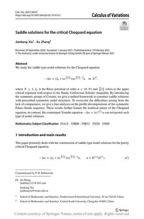 Saddle Solutions For The Critical Choquard Equation Request Pdf