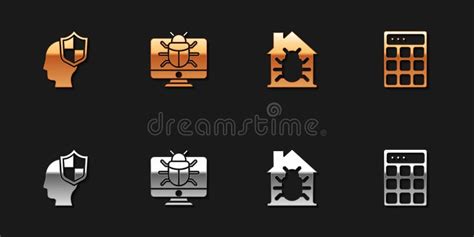 Set Head With Shield System Bug On Monitor House System And Password Protection Icon Vector