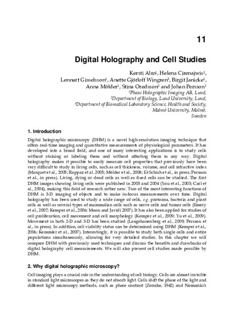 Pdf Digital Holography And Cell Studies