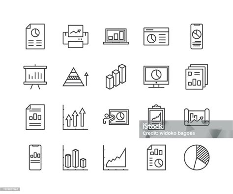그래프 관련 벡터 선 아이콘의 간단한 집합입니다 보고서 추상 차트 프레젠테이션 증가 그래프 감소 등의 아이콘이 포함되어 있습니다 다이어그램에 대한 스톡 벡터 아트 및 기타
