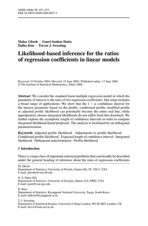 Pdf Likelihood Based Inference For The Ratios Of Regression Coefficients In Linear Models