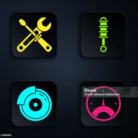 속도계 스크루드라이버 및 렌치 공구 캘리퍼 및 쇼크 흡수기가 있는 자동차 브레이크 디스크를 설정합니다 검은 색 사각형 버튼 벡터 강철에 대한 스톡 벡터 아트 및 기타 이미지