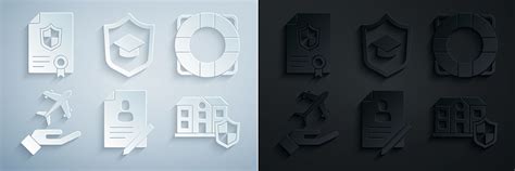 방패 구명 부표 손에 비행기 집 졸업 모자 및 계약 아이콘이 있는 문서를 설정합니다 벡터 3차원 형태에 대한 스톡 벡터 아트 및 기타 이미지 Istock