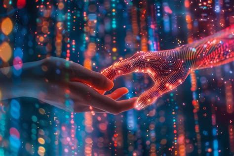 Human Hand Touching A Robotic Hand With A Futuristic Background Premium Ai Generated Image