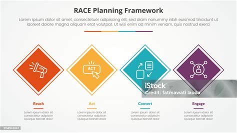 Race 프레임 워크 인포 그래픽 개념은 평면 스타일의 4 점 목록이있는 회전 된 사각형 또는 다이아몬드 모양의 수평 방향이있는