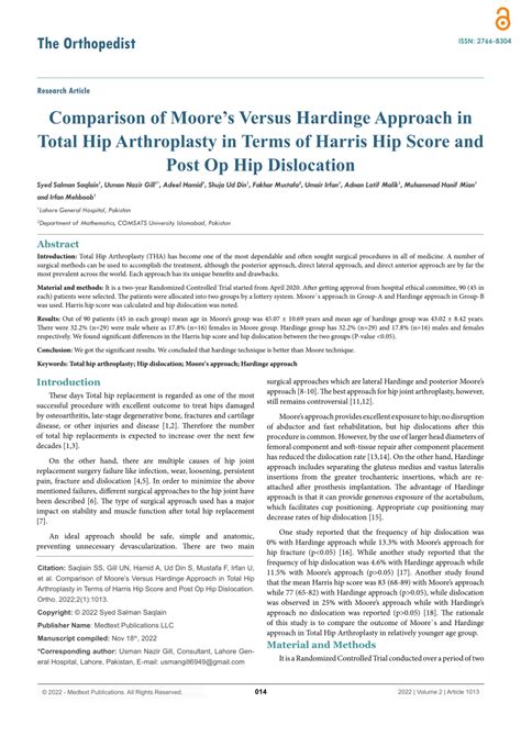 Pdf Comparison Of Moores Versus Hardinge Approach In Total Hip Arthroplasty In Terms Of