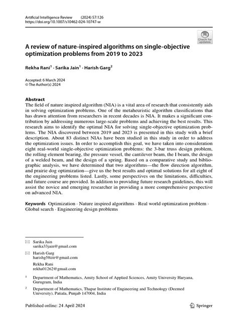 A Review Of Nature Inspired Algorithms On Single Objective Optimization Problems From 2019 To
