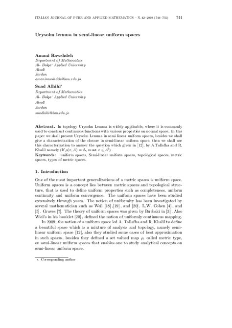 Pdf Urysohn Lemma In Semi Linear Uniform Spaces