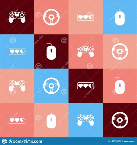 Set Pop Art Game Controller Or Joystick Racing Simulator Life Bar And Computer Mouse Icon