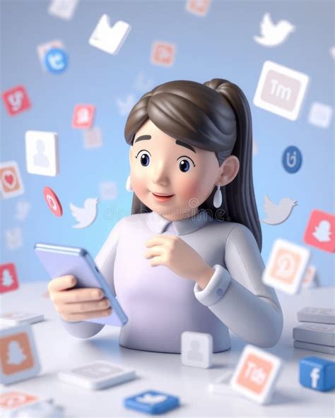 Digital Connectivity A Stylized Woman Interacts With A Smartphone Amid Floating Social Media