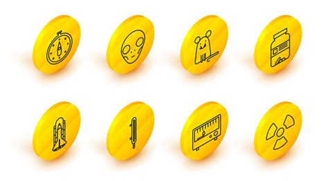 세트 라인 방사능 전기 측정 기기 기상 온도계 우주 왕복선 및 로켓 약병 알약 쥐 외계 외계인 얼굴 및 나침반 아이콘 벡터 3