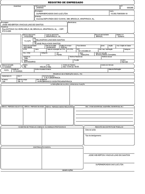 Ficha De Empregado Jose Weverton Pdf Férias Trabalhistas Relações Industriais