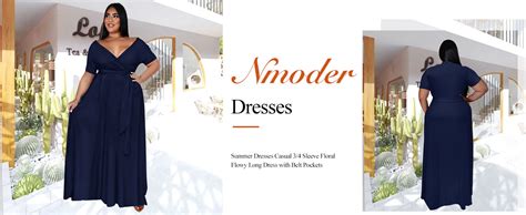 Nmoder Plus Size Maxi Dress For Women Summer Casual 34 Sleeve Floral