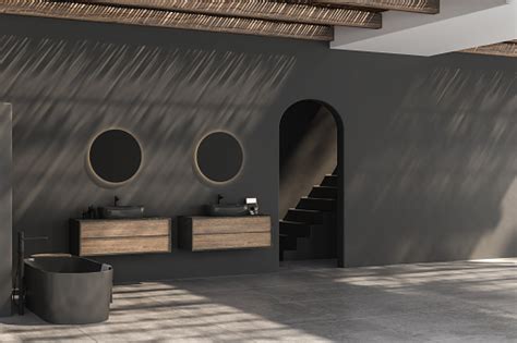 현대적인 미니멀리스트 욕실 인테리어 현대적인 욕실 캐비닛 더블 블랙 세면대 나무 화장대 인테리어 식물 욕실 액세서리 욕조 검은 벽 콘크리트 바닥 3d 렌더링 호화로움에 대한