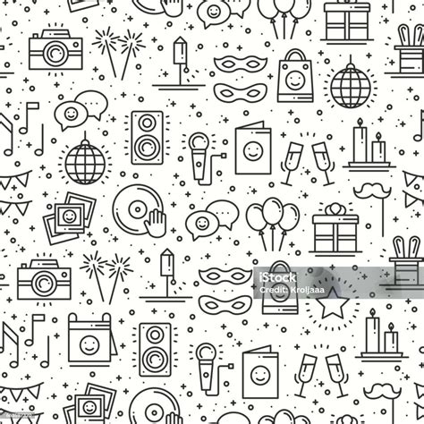 축 하 파티 완벽 한 패턴입니다 생일 휴가 이벤트 카니발 축제 파티 장식 요소 얇은 아이콘 재미 있는 벡터 일러스트입니다 선 배경입니다 텍스처입니다 마스크 선물 케이크