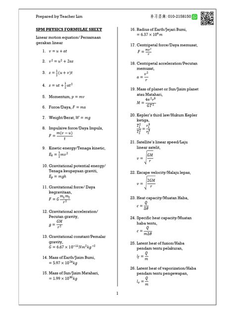Spm Physics Formulae Sheet Kssm Pdf