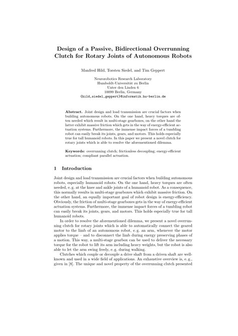 Pdf Design Of A Passive Bidirectional Overrunning Clutch For Rotary Joints Of Autonomous Robots