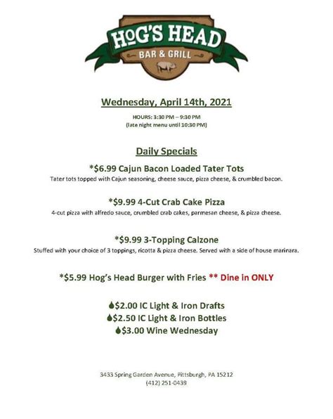 Hogs Head Food Menu At Nate Hocking Blog