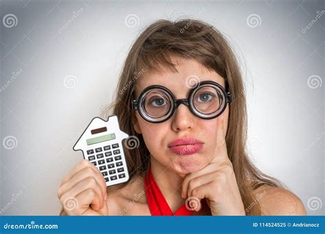 Funny Geek Or Nerd Babe Woman With Calculator Stock Image Image Of Expression Calculator